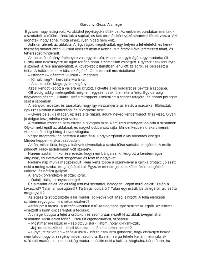 Gárdonyi Géza A Cinege Mese | PDF