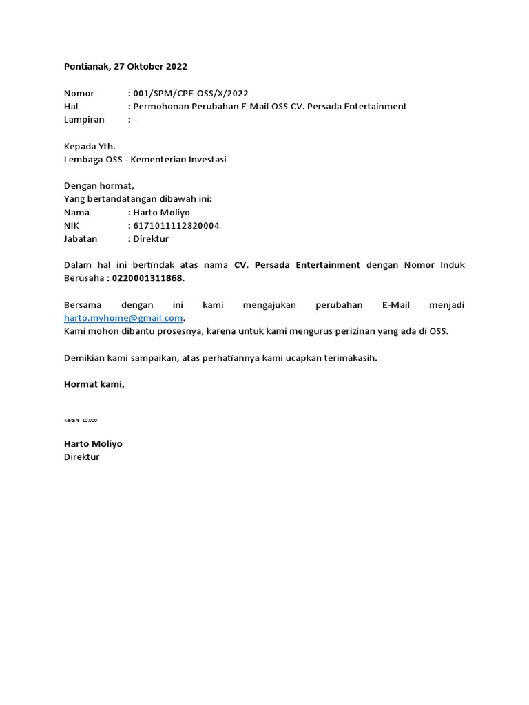 Surat Permohonan Perubahan Email OSS | PDF