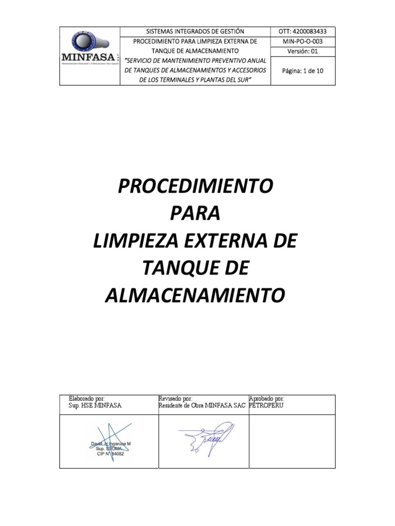 Procedimiento para Limpieza Externa Del Tanque de Almacenamiento | PDF | Tanques | Residuos