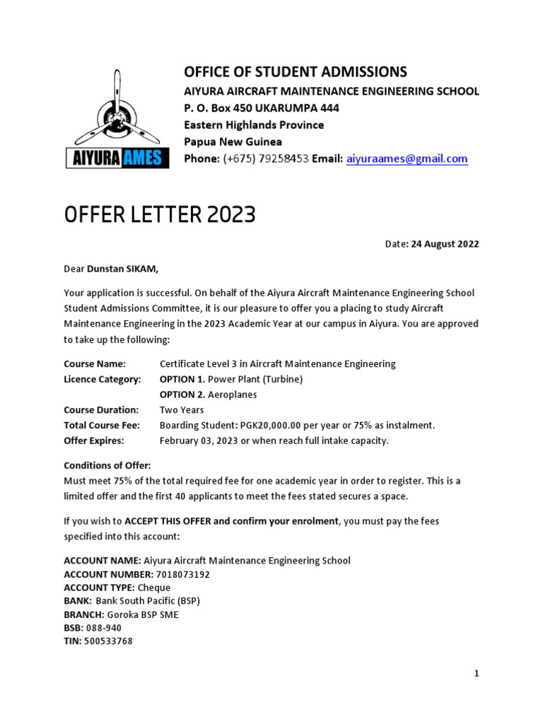 AAMES Offer Letter 2023 - Dunstan Sikam | PDF | Fee | Engineering