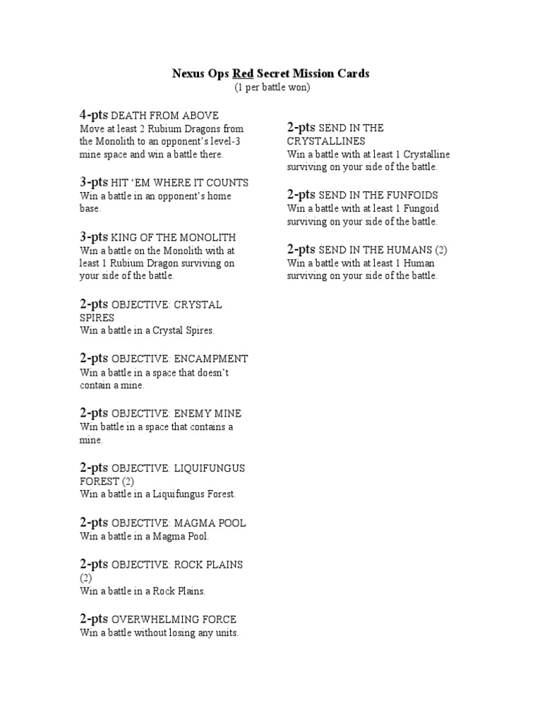 Nexus Ops Secret Mission Cards | Download Free PDF | Crystal