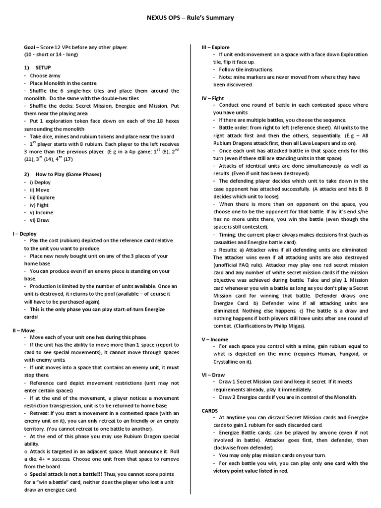 Nexus Ops - Rules Summary v1.2 (Errata and Clarifications) | PDF | Toys | Entertainment