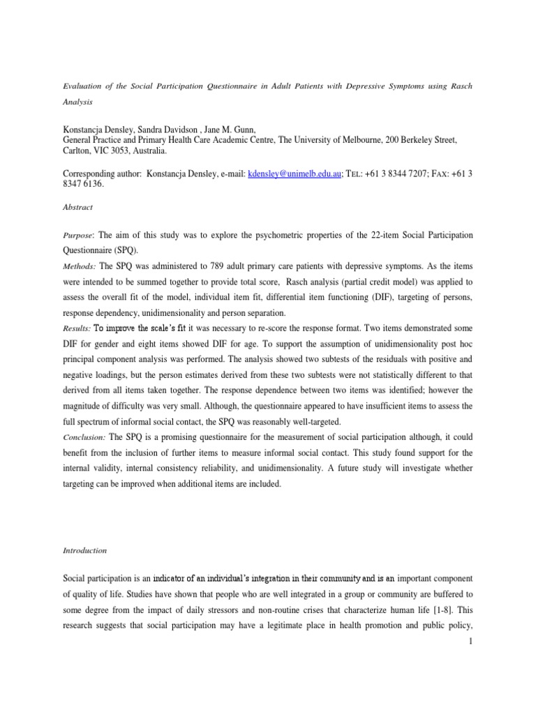 Evaluation of The Social Participation Questionnaire ... | PDF ...