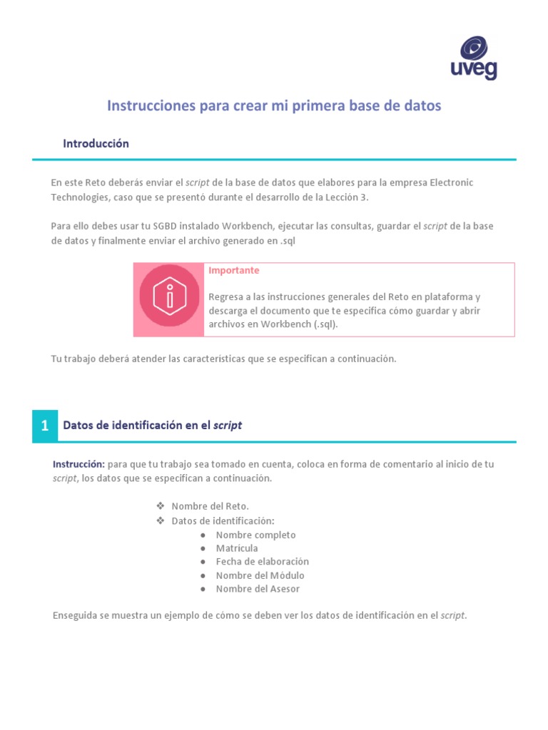 TBD U2 Reto2 Instrucciones Crear Mi Primera Base de Datos | PDF | Bases de datos | SQL