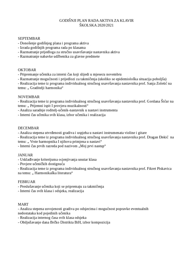 Godišnji Plan Rada Aktiva Za Harmoniku I Flautu | PDF