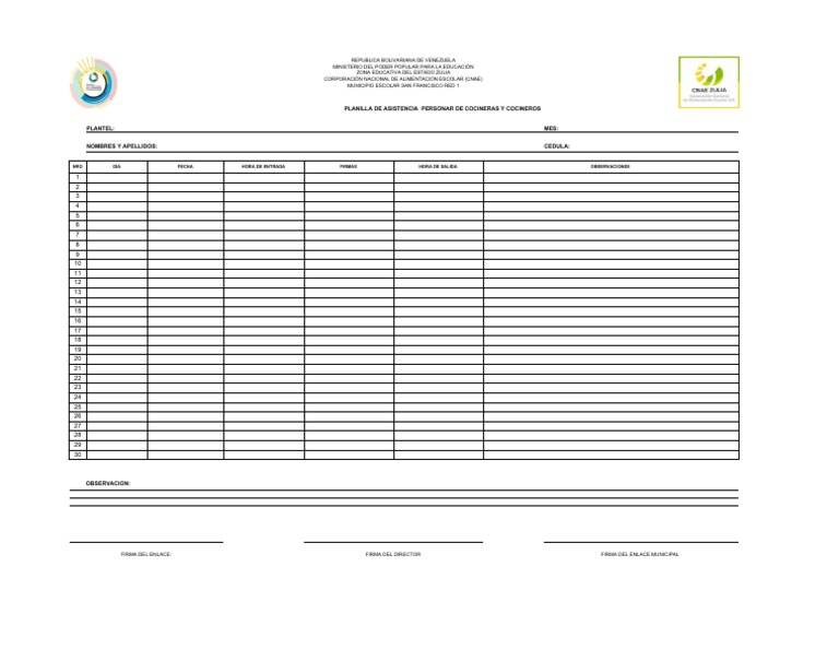 Planilla de Asistencia Diaria de Las Cocineras1 | PDF