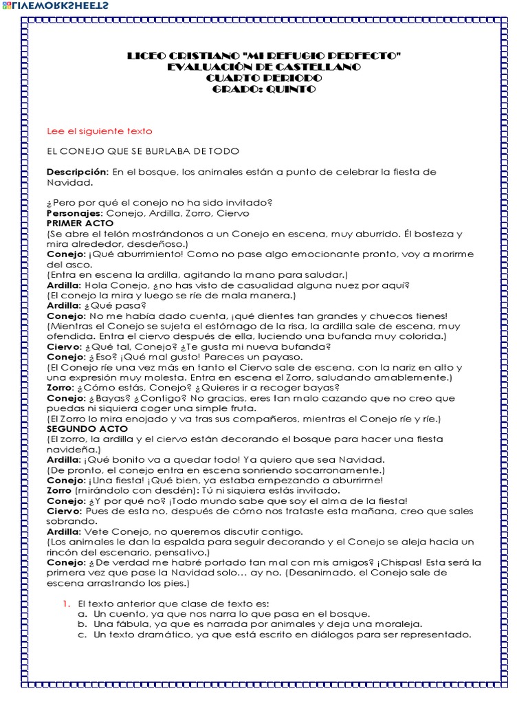 Liceo Cristiano "Mi Refugio Perfecto" Evaluación de Castellano Cuarto Periodo Grado: Quinto ...