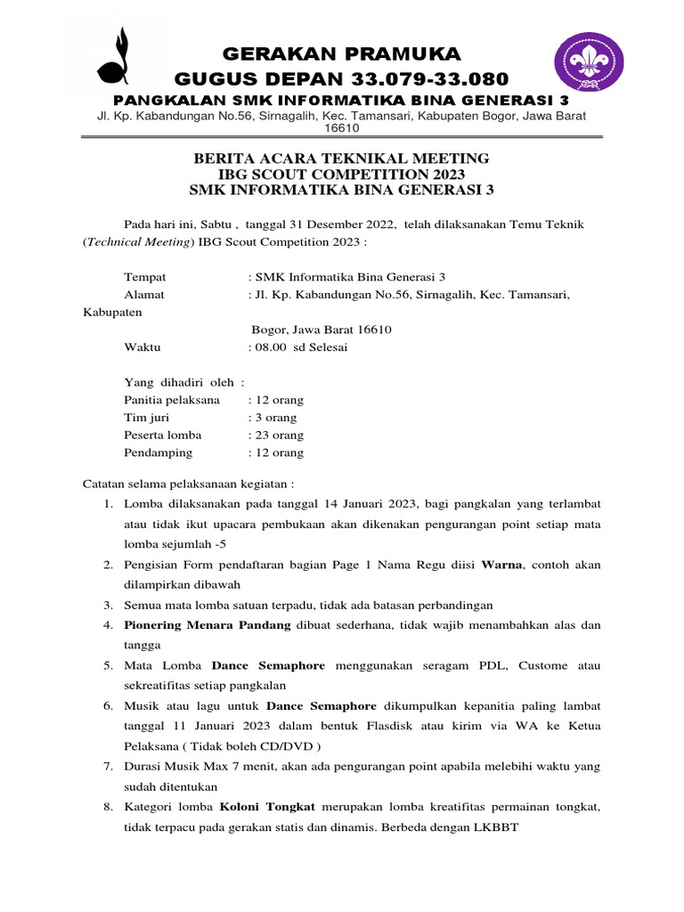 Berita Acara Technical Meeting Lomba Pramuka | PDF