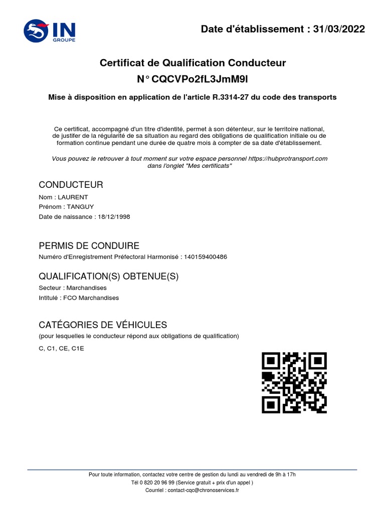 Certificat Qualification Conducteur | PDF