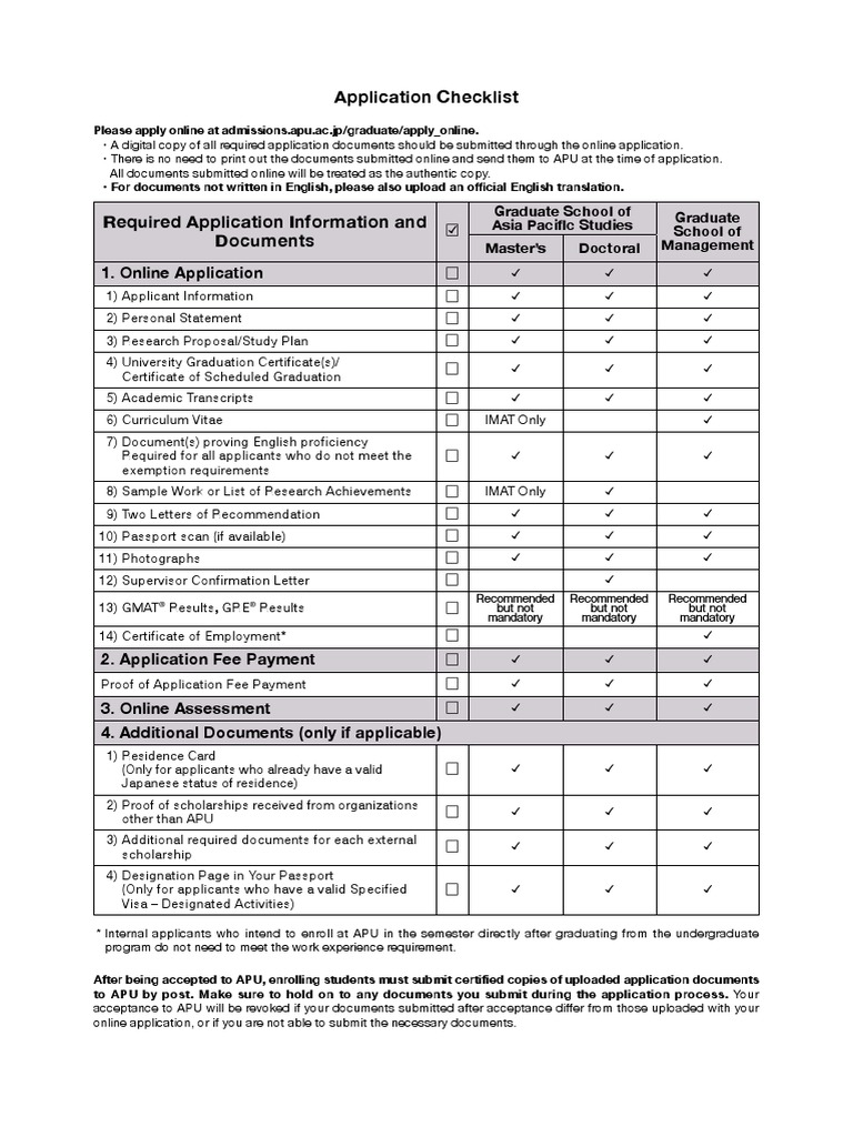 2023 APU Graduate Application Checklist | PDF | Travel Visa ...