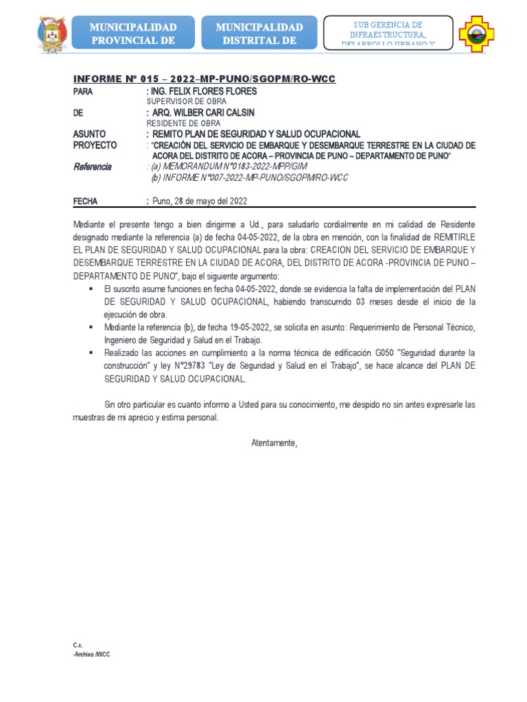 Informe N - 015 - Remito Plan de Seguridad y Salud Ocupacional | PDF