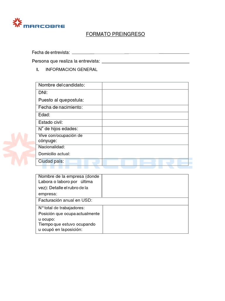 Formato de Pre-Ingreso Marcobre........... | PDF | Economias | Business