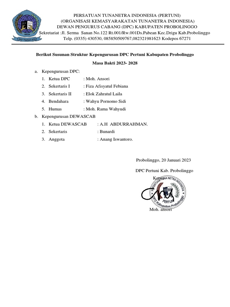 Susunan Pengurus DPC Dan Dewascab Pertuni Kab. Probolinggo | PDF