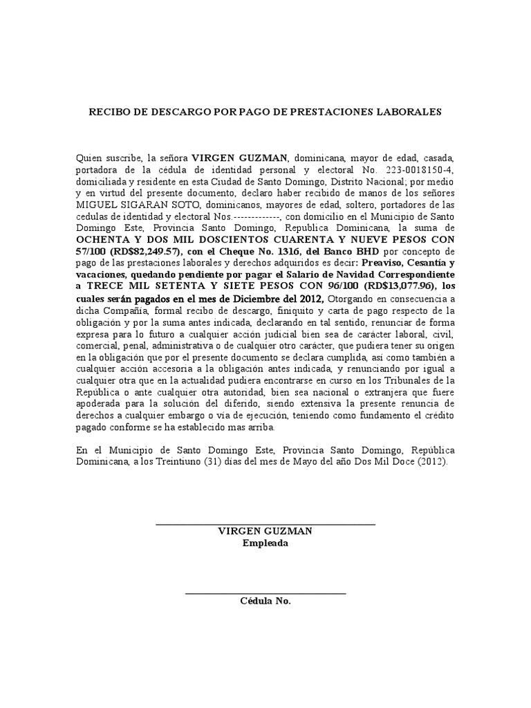 Modelo de Recibo de Descargo Prestaciones Laborales | PDF