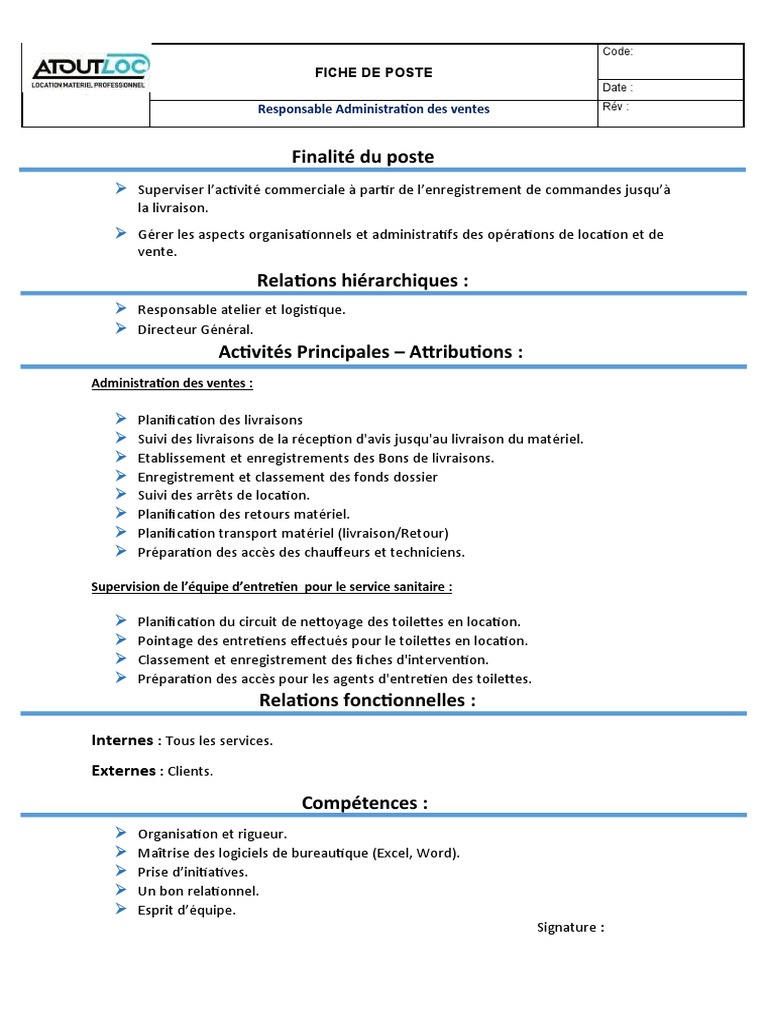 Fiche de Poste Responsable ADV | PDF | Finance et gestion monétaire