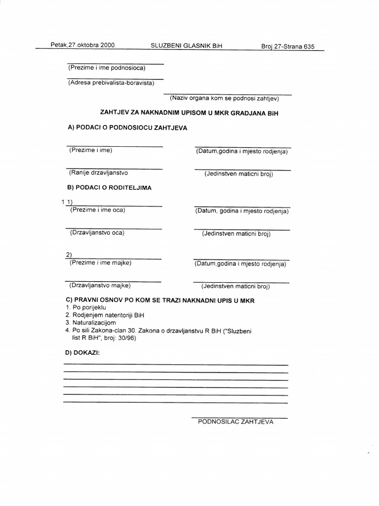 Obrazac Zahtjeva Za Naknadni Upis U MKR | PDF