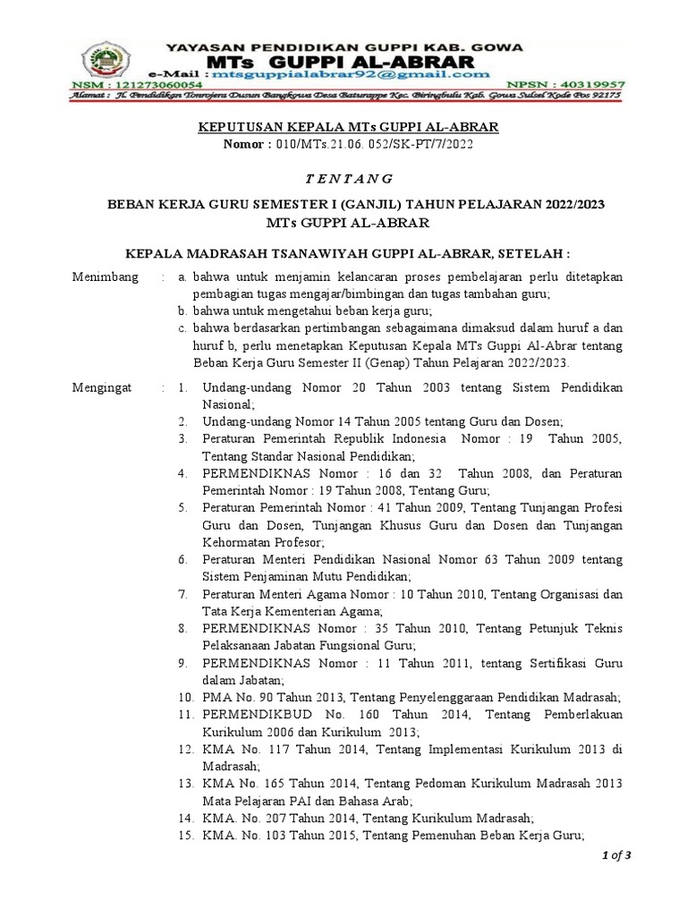 A.6 SK BEBAN KERJA - Guru - 2021-2022 - Ganjil - Acc | PDF