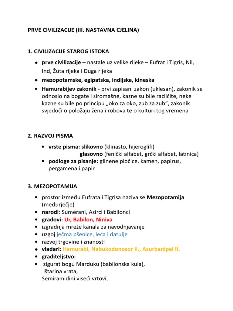 Razred - PRVE CIVILIZACIJE - Ponavljanje Gradiva | PDF