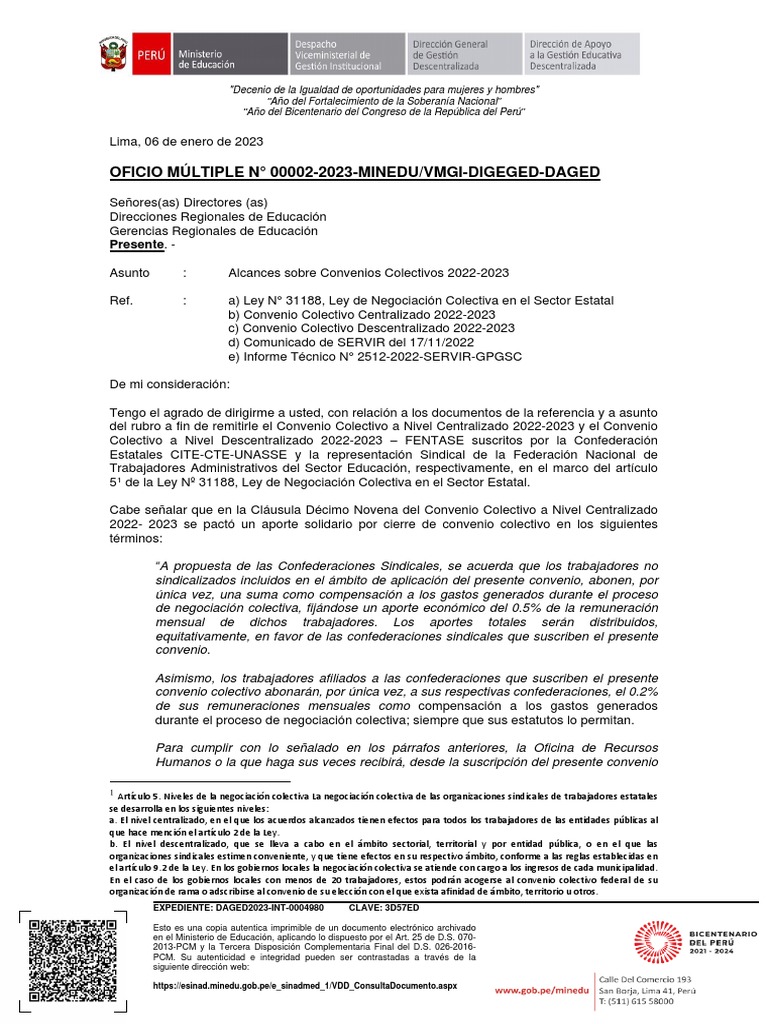 OFICIO MULTIPLE 002-2023-MINEDU-VMGI-DIGEGED-DAGED CON SUS ANEXOS - Aporte Voluntario | PDF ...
