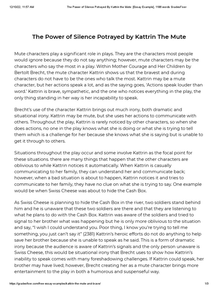 The Power of Silence Potrayed by Kattrin The Mute - (Essay Example ...