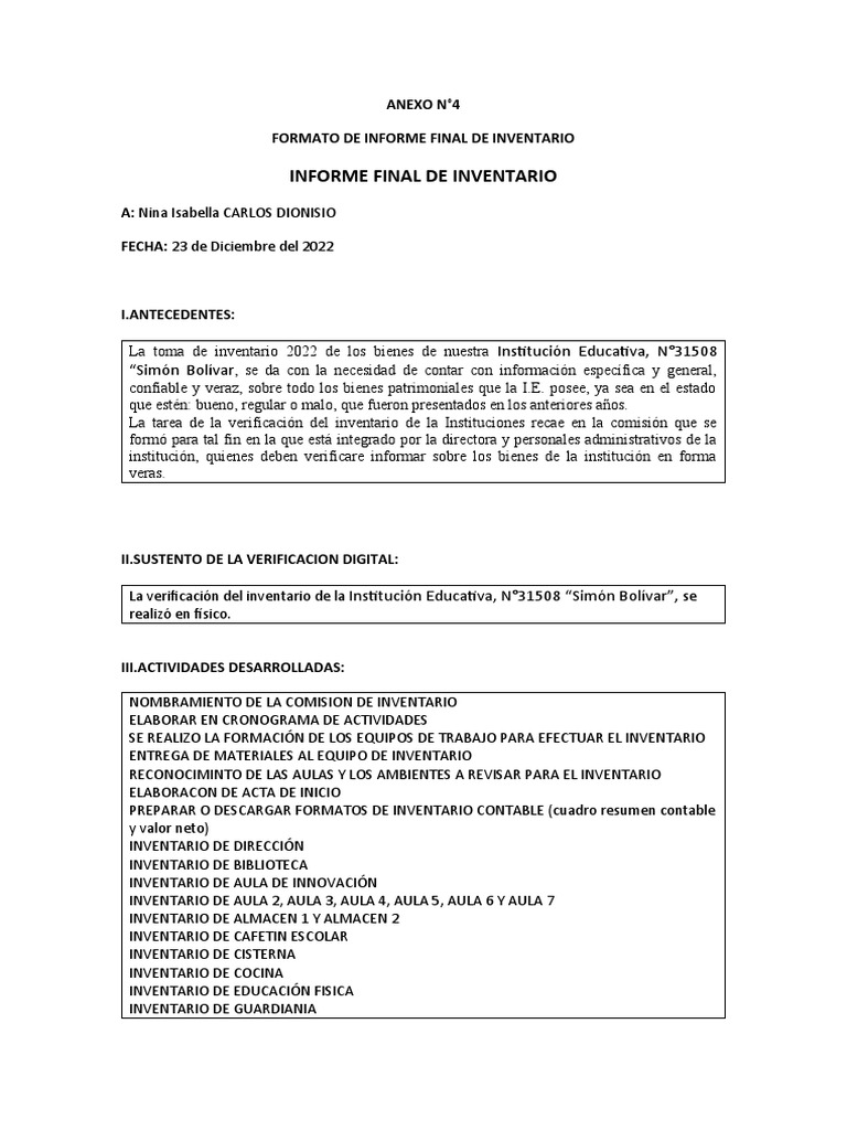 INFORME FINAL DE INVENTARIO - Modelo | PDF | Finanzas y dinero | Hogar, jardinería y bricolaje