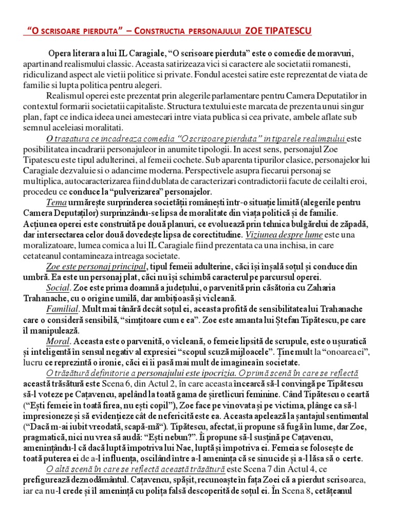 ESEU BAC o Scrisoare Pierduta Constructie Personaj Zoe | PDF