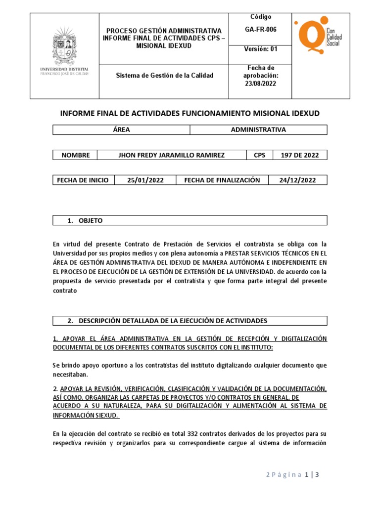Ga-Fr-006 - Formato Informe Final Cps Funcionamiento Misional Idexud | PDF | Informática