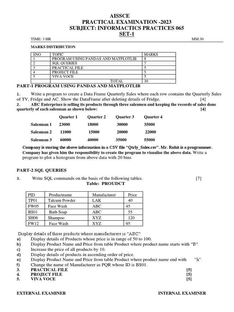 Practical Exam Paper Class Xii Ip 2023 | PDF | Table (Database) | Sql