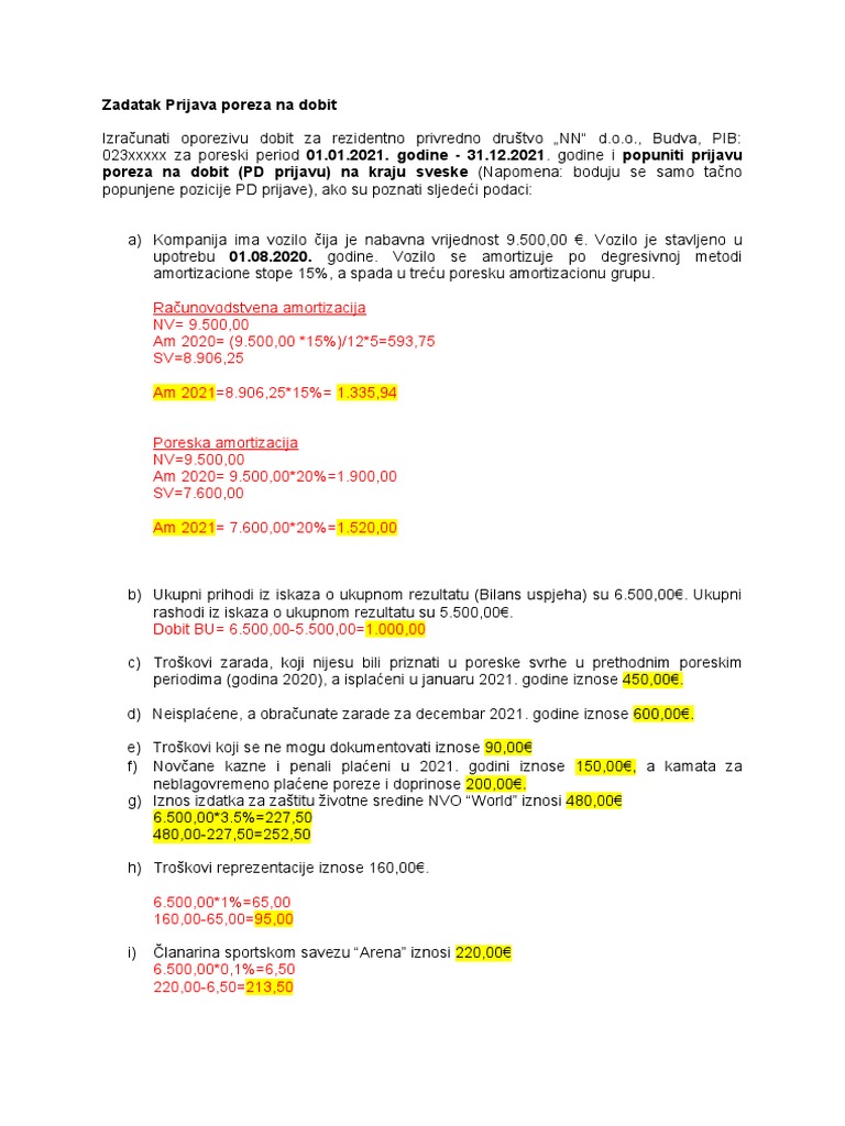Zadatak Prijava Poreza Na Dobit | PDF