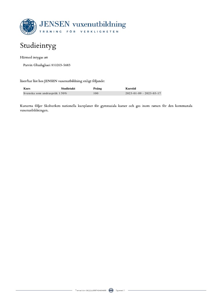 Studieintyg Parvin Ghashghaei | PDF