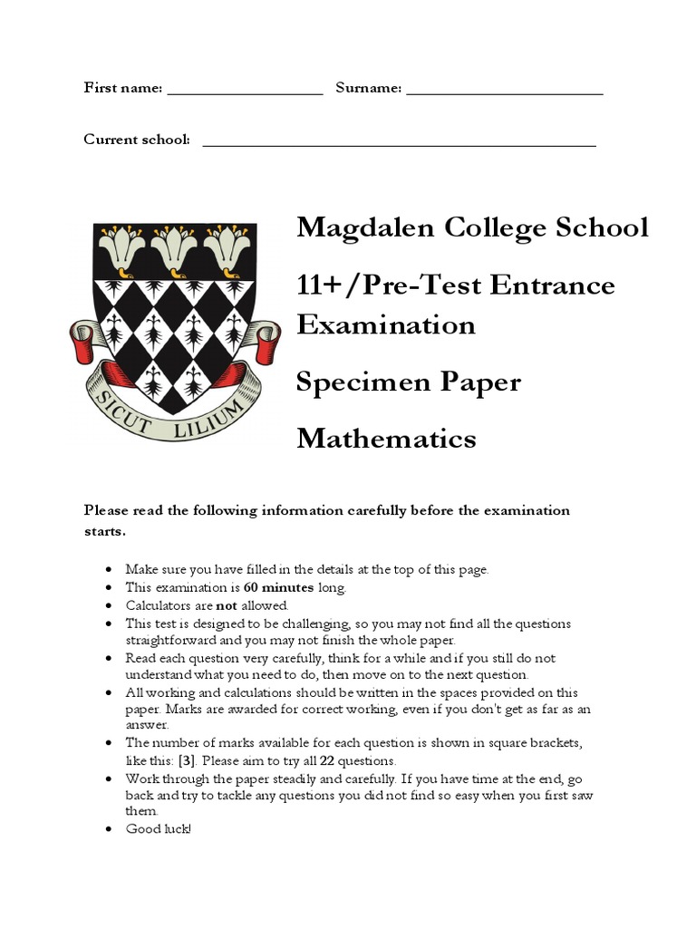 EP Magdalen College School 11 Plus Maths Sample Paper | PDF