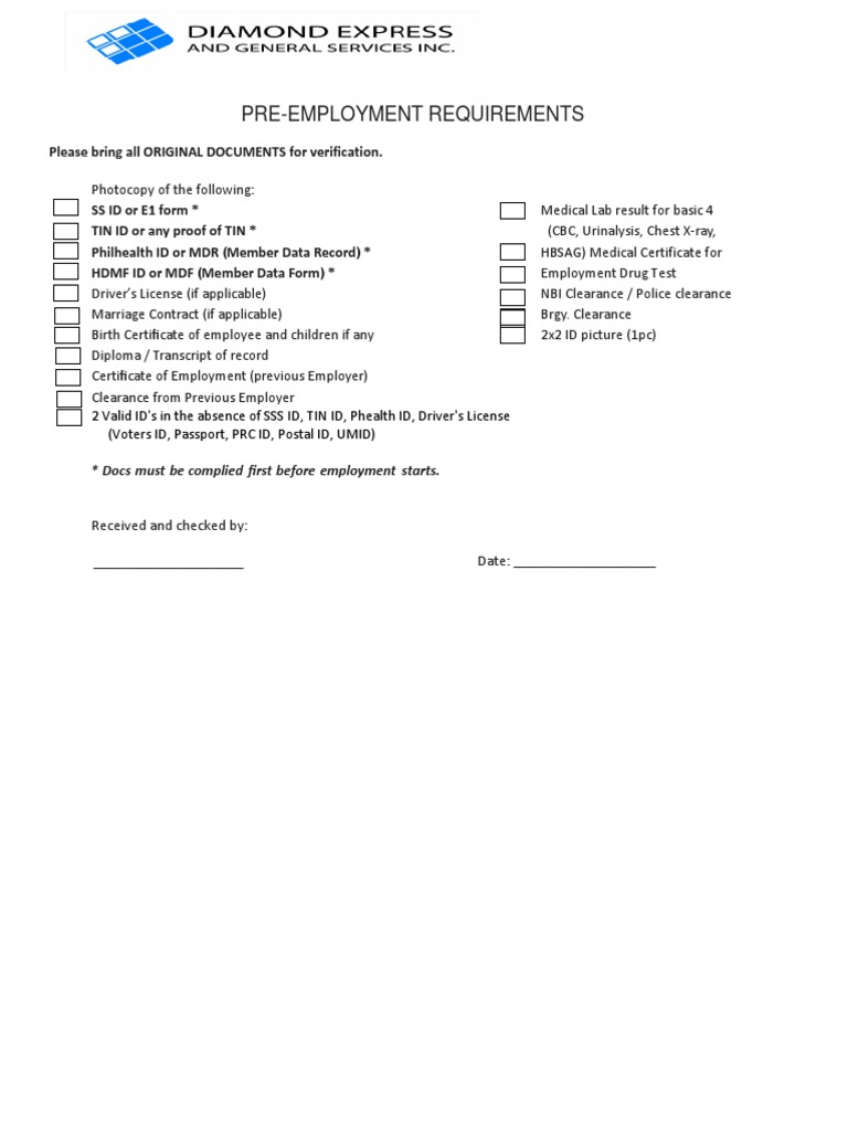 Pre Employment Requirements | PDF