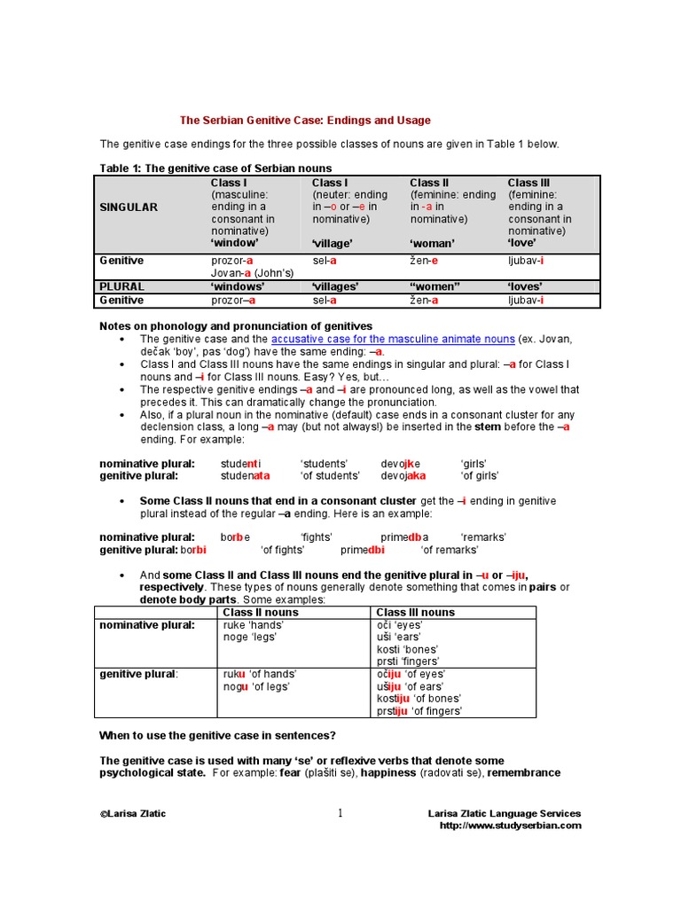 Serbian Genitive Case Explained | PDF | Grammatical Gender | Syntactic ...