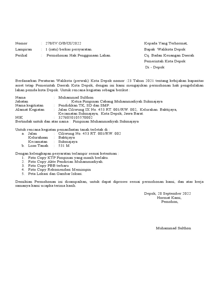 SURAT PERJANJIAN Sewa Lahan Pemda Kota Depok | PDF