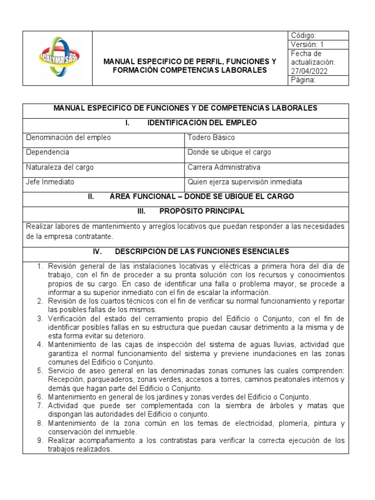 Manual Especifico de Funciones y de Competencias Laborales Todero Básico | PDF