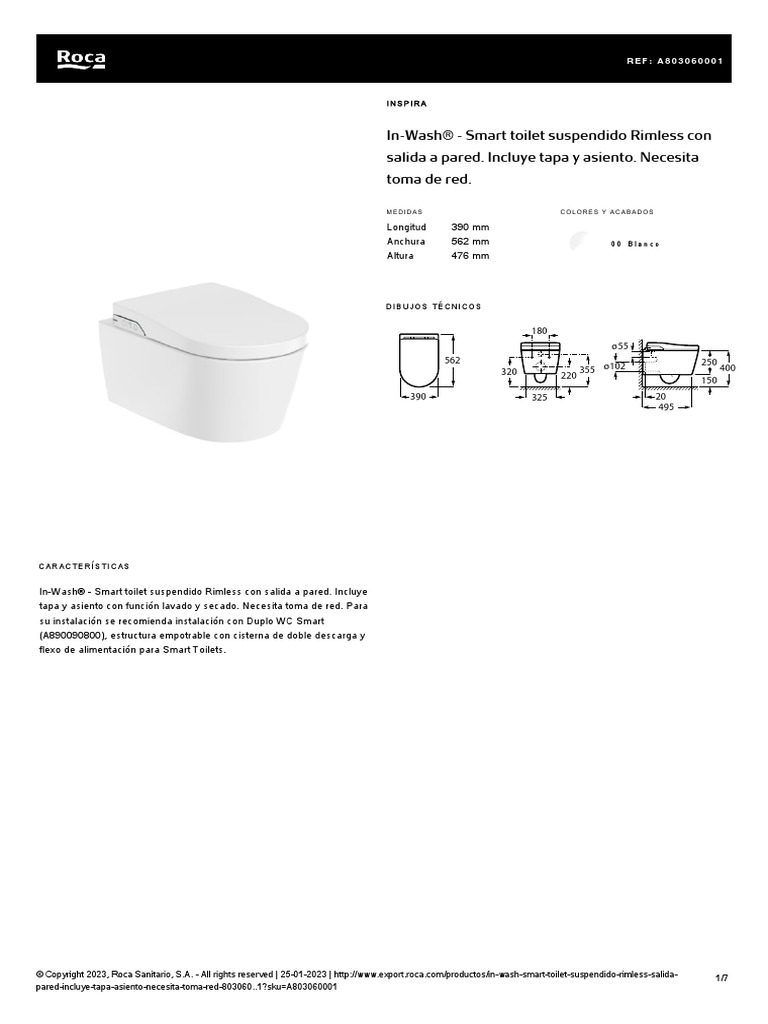 In-Wash® - Smart Toilet Suspendido Rimless Con Salida A Pared. Incluye Tapa y Asiento. Necesita ...
