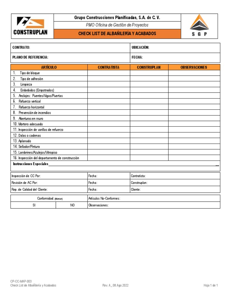 CP-CC-MAP-003 - Check List de Albañilería-Acabados - Rev.A - 08.ago.22 ...