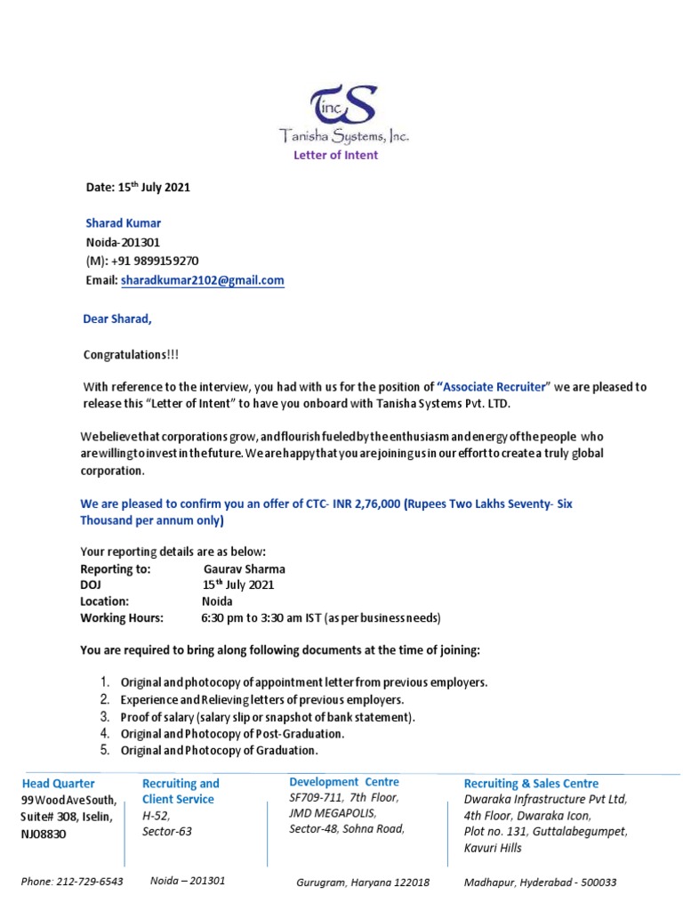 Letter of Intent - Sharad Kumar | PDF