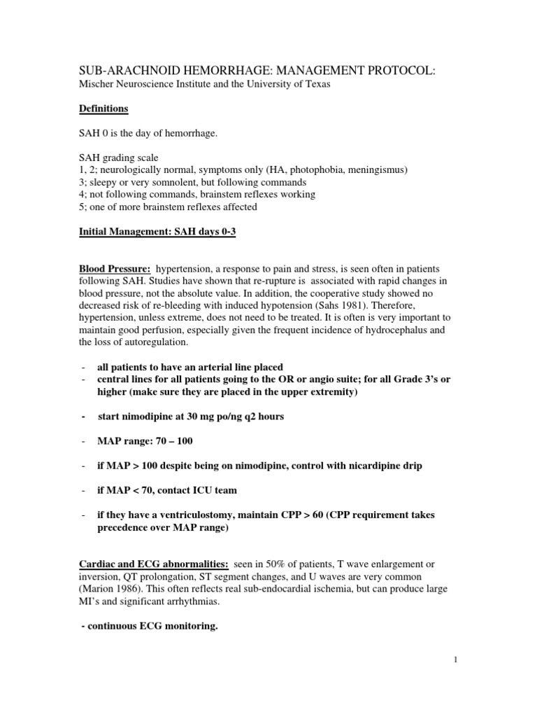 MNI SAH Protocol | PDF