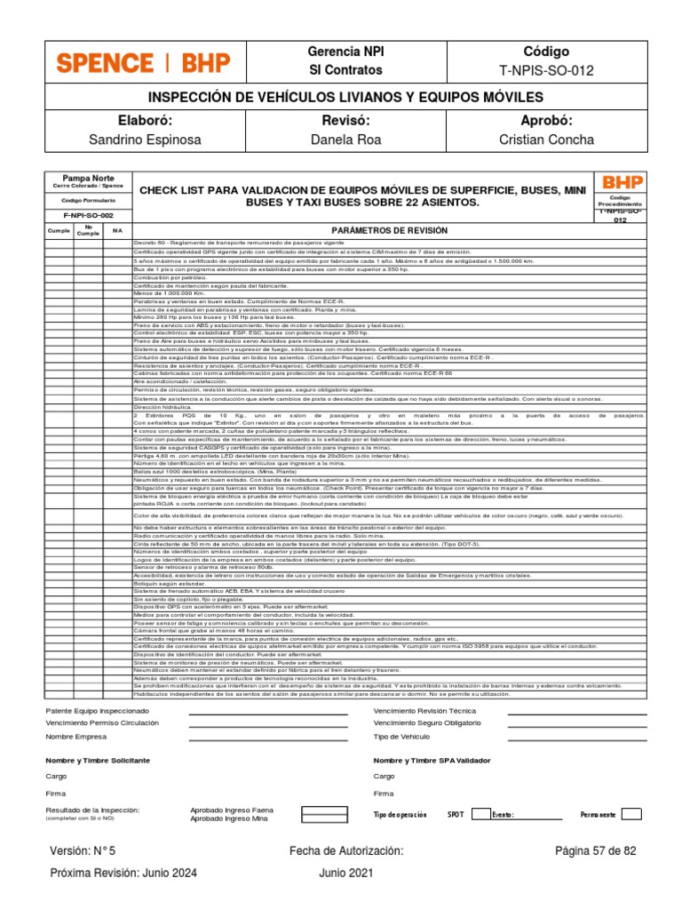Procedimiento Inspección de Vehículos y Equipos Móviles V5 (2) - 57 | Descargar gratis PDF ...