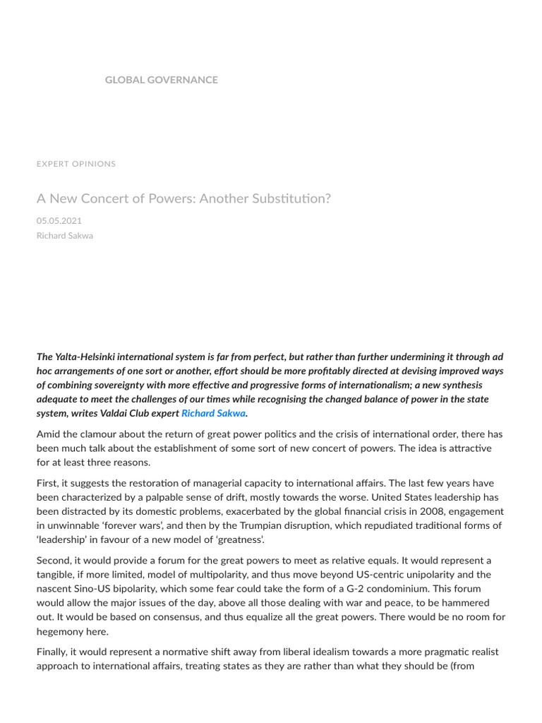 Global Power Dynamics: A New Concert? | PDF | Great Power | Cold War