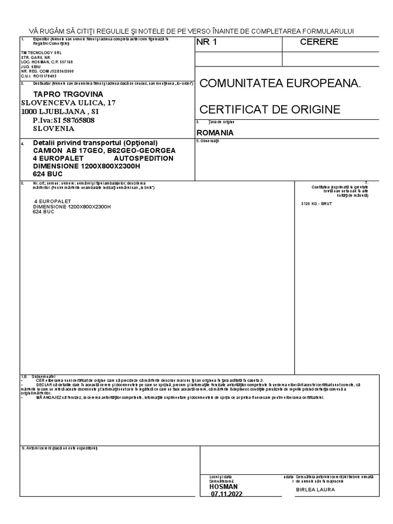 Cerere Certificat Origine Word | PDF