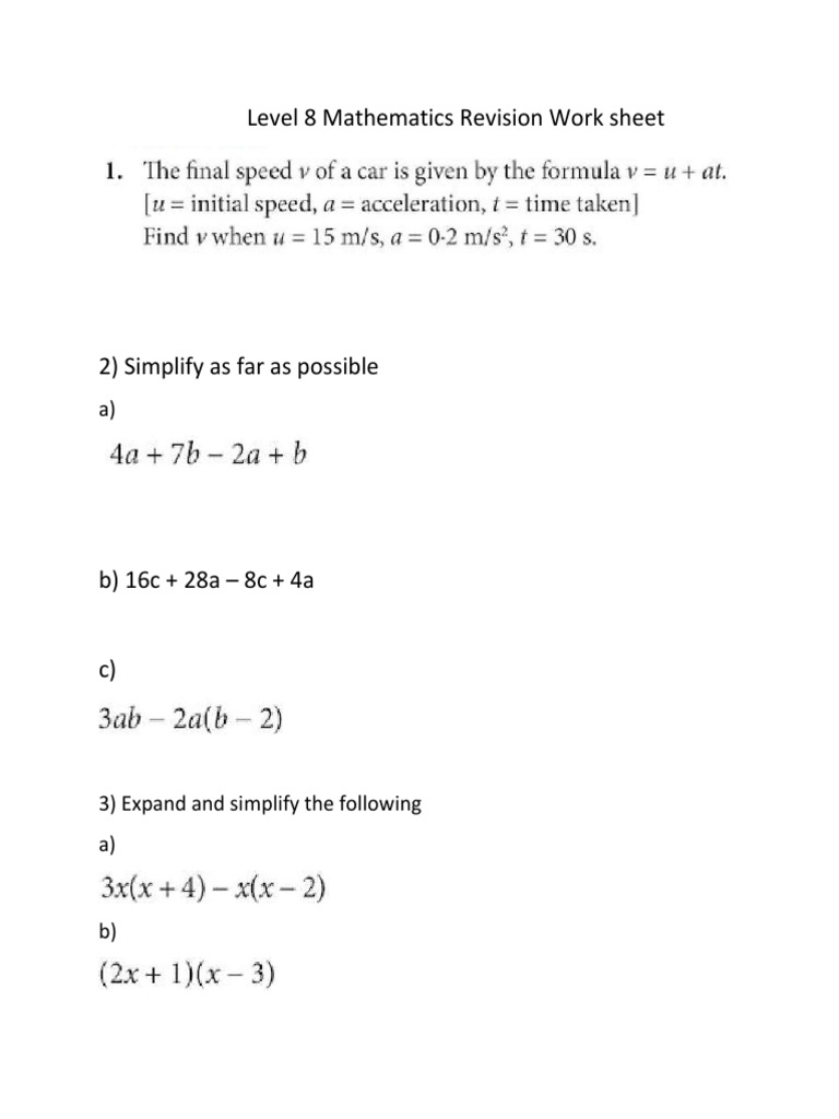 Level 8 Mathematics Unit Test 2 Revision Work Sheet 22-23 | PDF