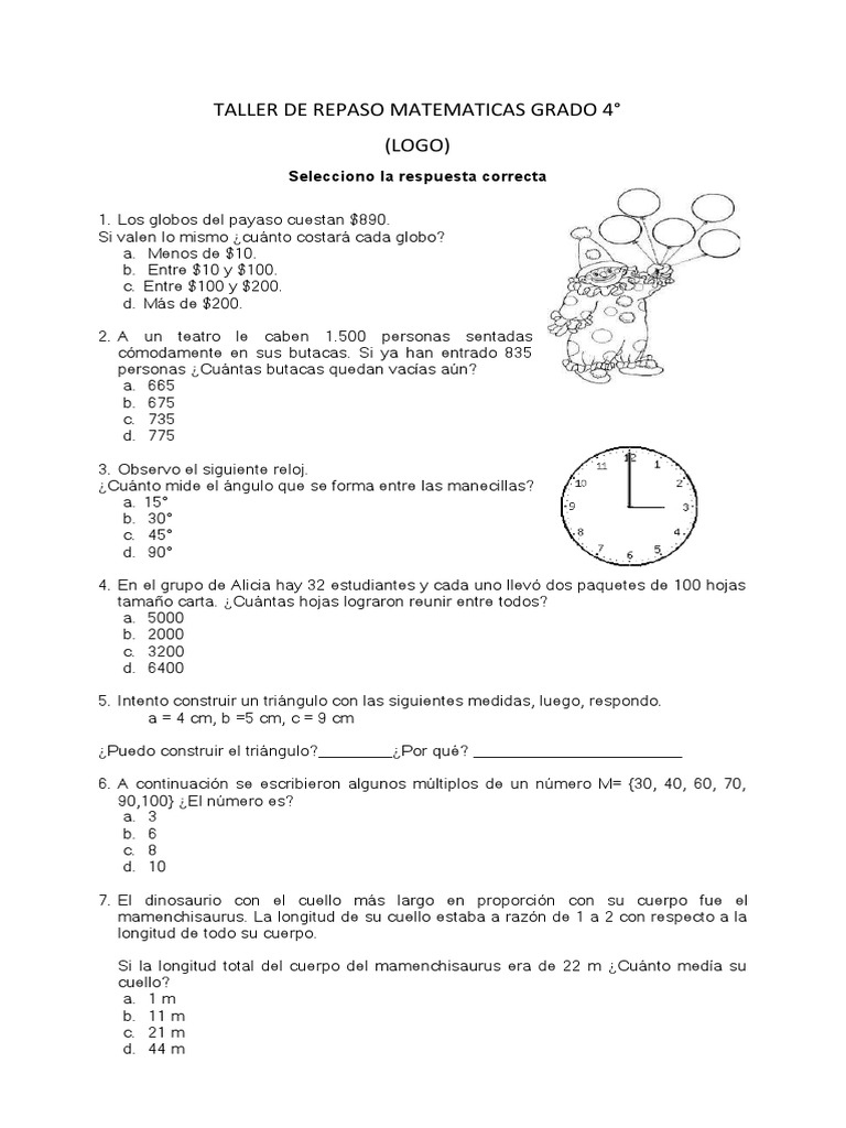 Taller de Repaso Matematicas Grado 4 | PDF