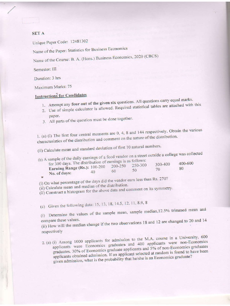 Sem III Stats - CBCS 2020 (OBE) | PDF | Statistical Theory | Probability Theory