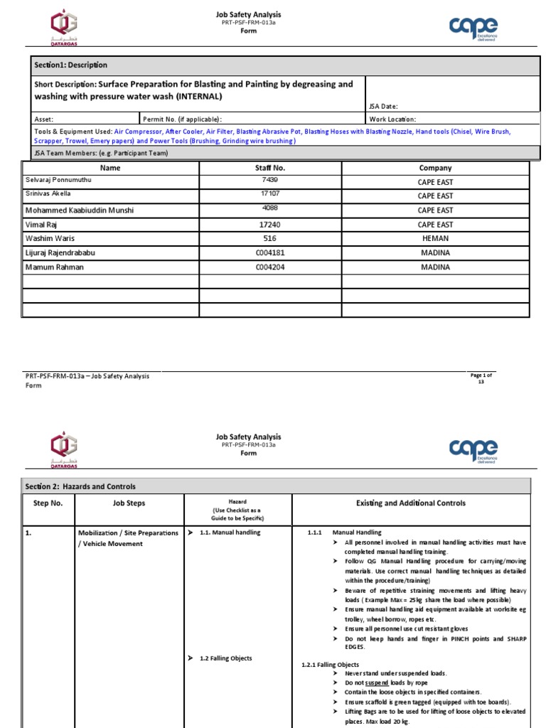 Job Safety Analysis for Surface Prep | PDF