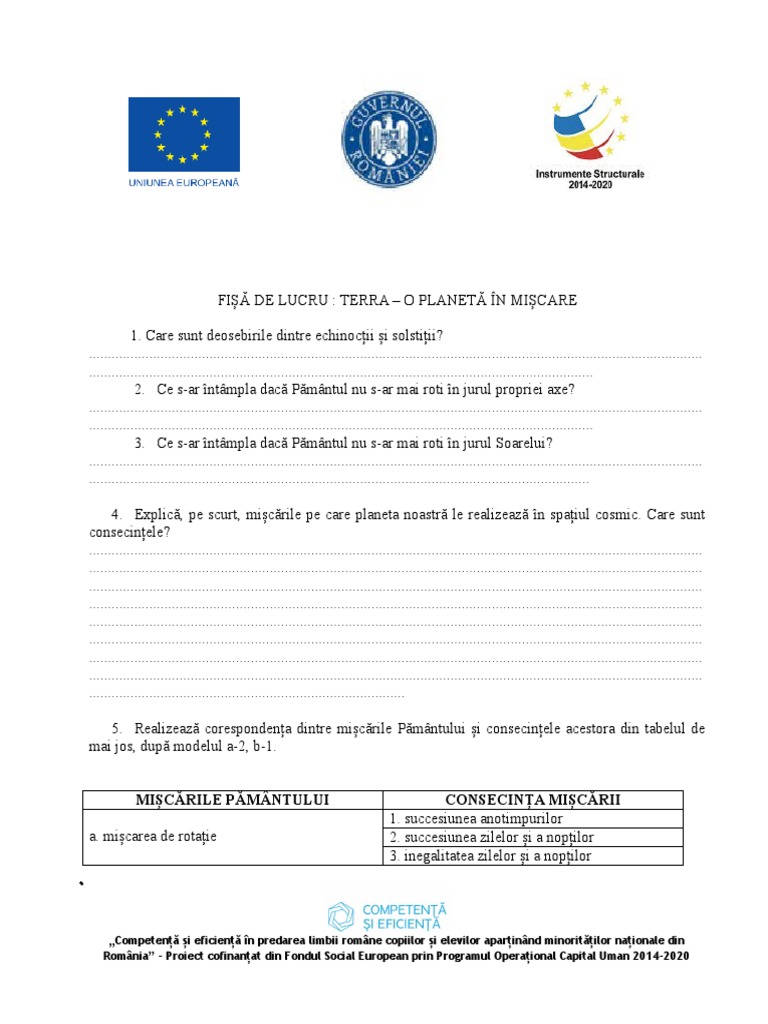 Fisa de Lucru - Terra o Planeta in Miscare | PDF