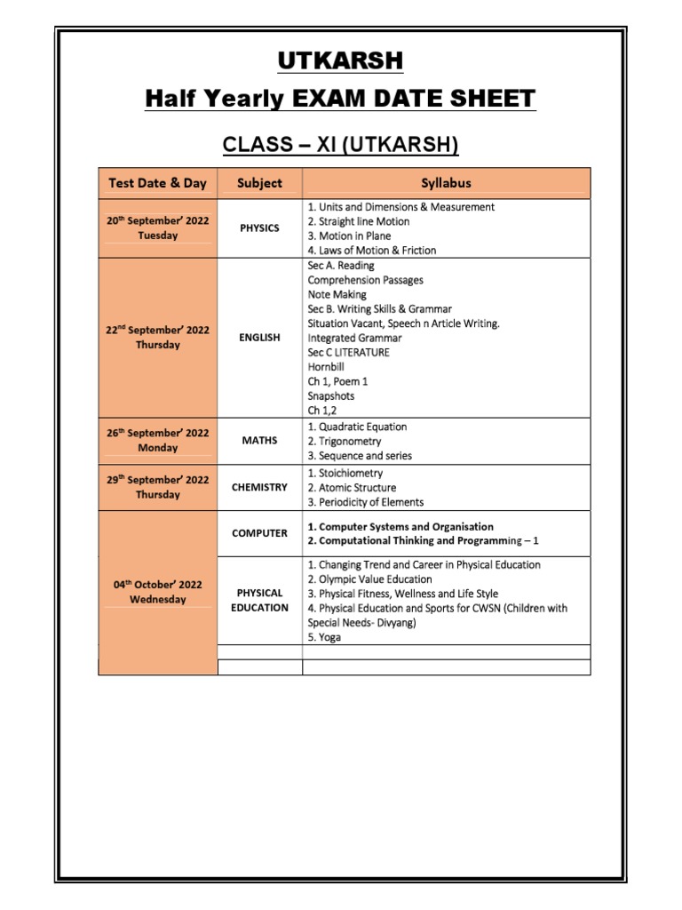 11th UT Half Yearly Syllabus & Schedule | PDF