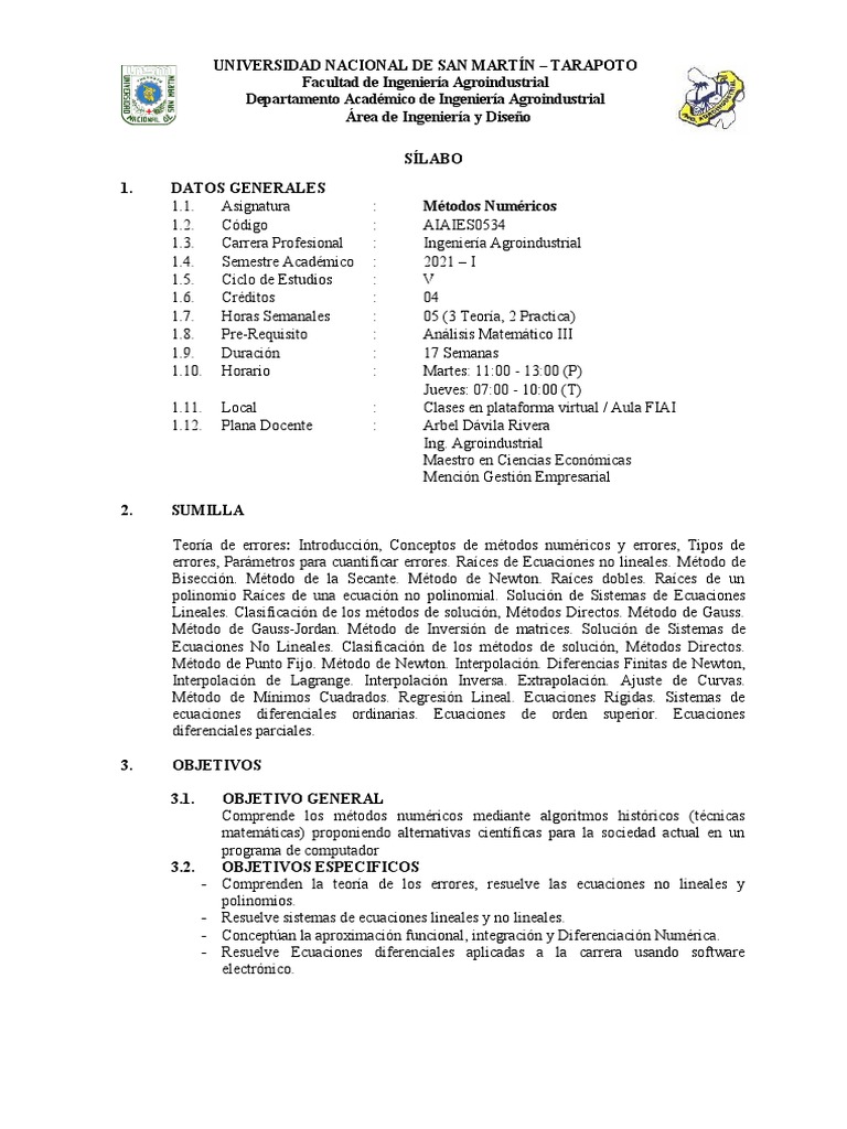 1 SÍLABO Métodos Numéricos.2021.I | PDF | Ecuaciones | Evaluación