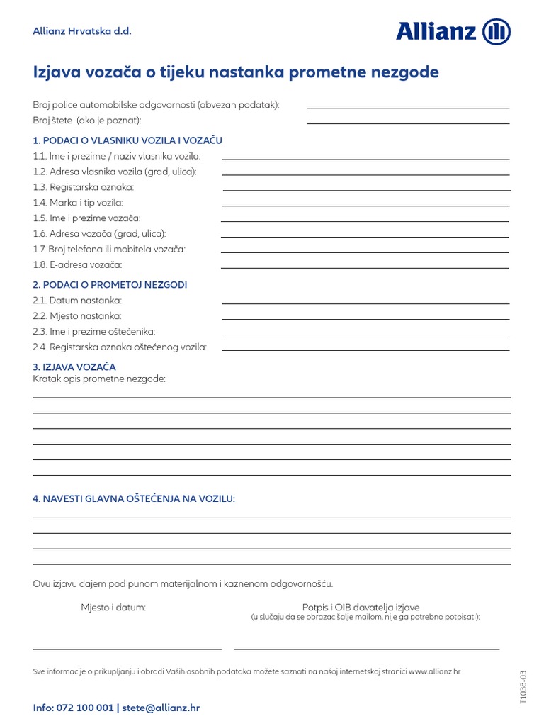 T1038 03 Izjava Osiguranika Vozaca o Tijeku Nastanka Prometne Nesrece ...